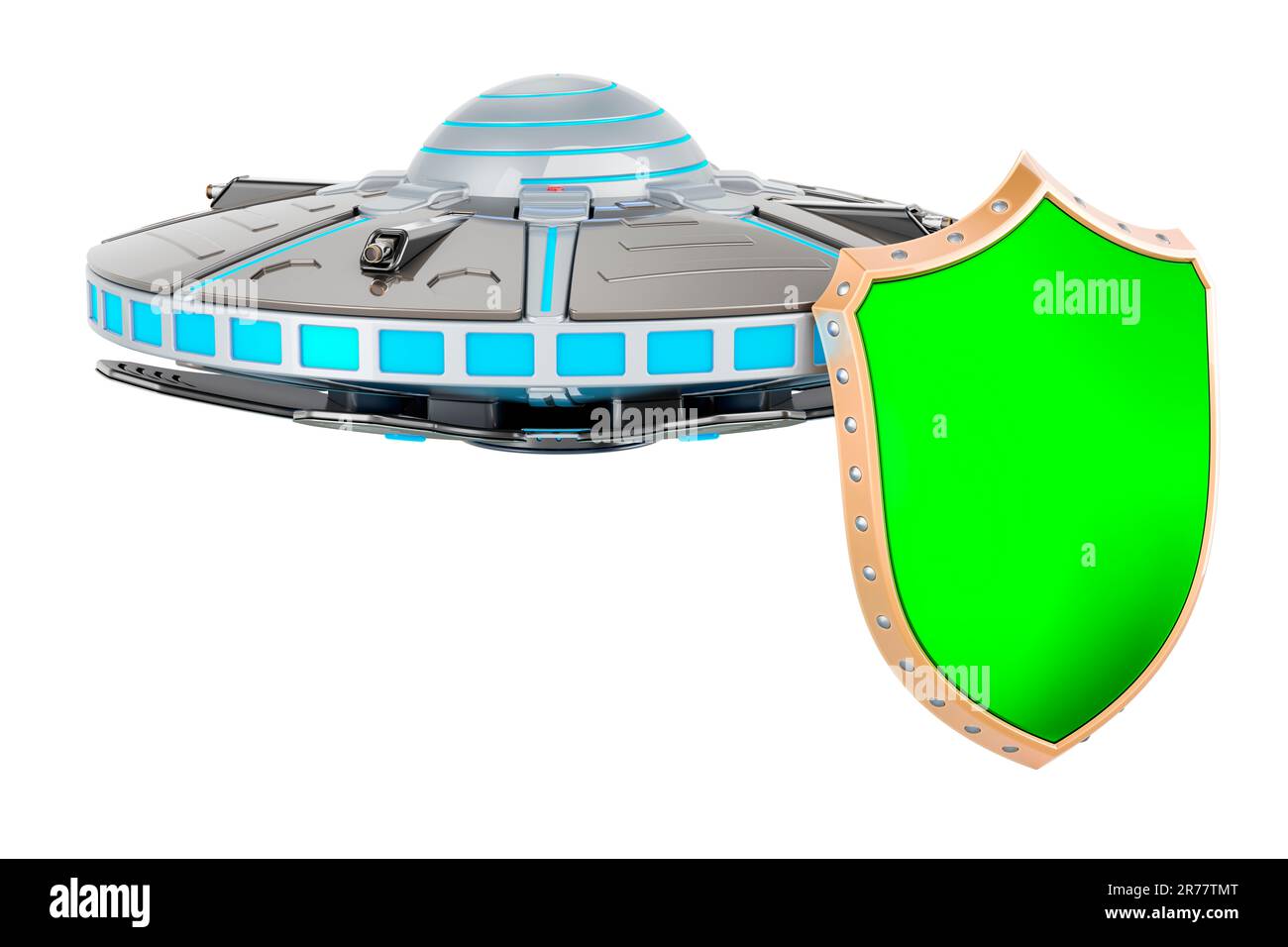 UFO with shield. 3D rendering isolated on white background Stock Photo ...