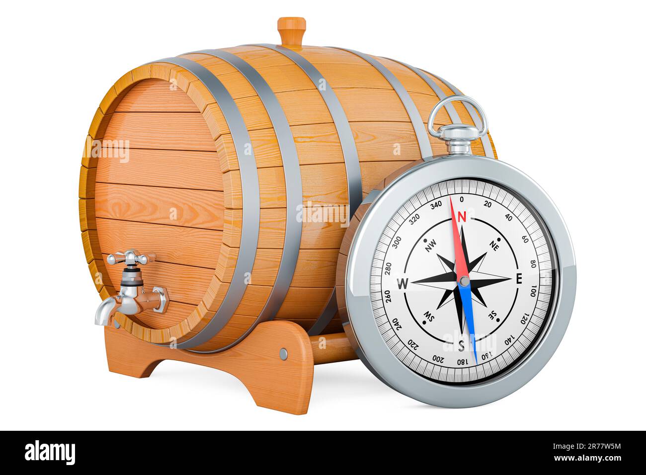 Wooden barrel with compass, 3D rendering isolated on white background ...