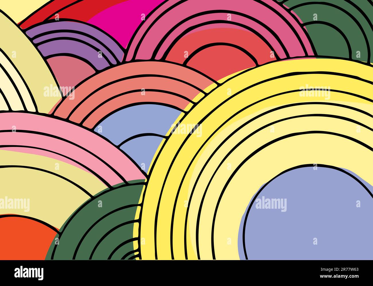 1970's style spiral circle shapes, lines and color background design in ...