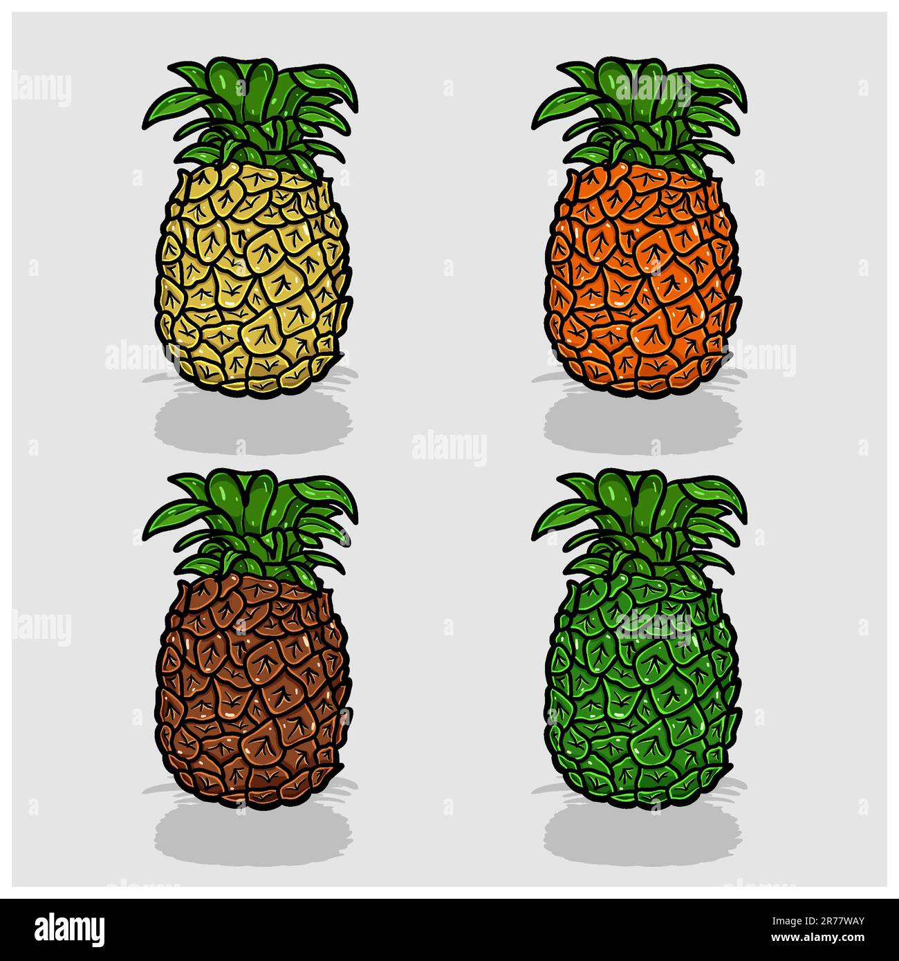 Pineapple Cartoon With Four Color Different. Simple Effect. Vector and ...