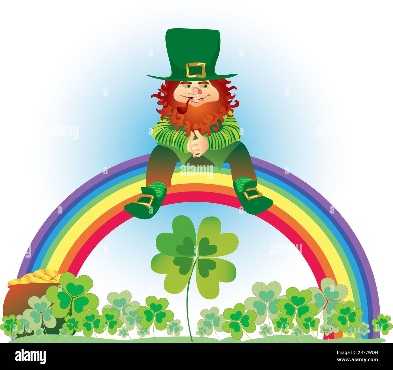Vector illustration of leprechaun sitting on the rainbow in shamrock ...