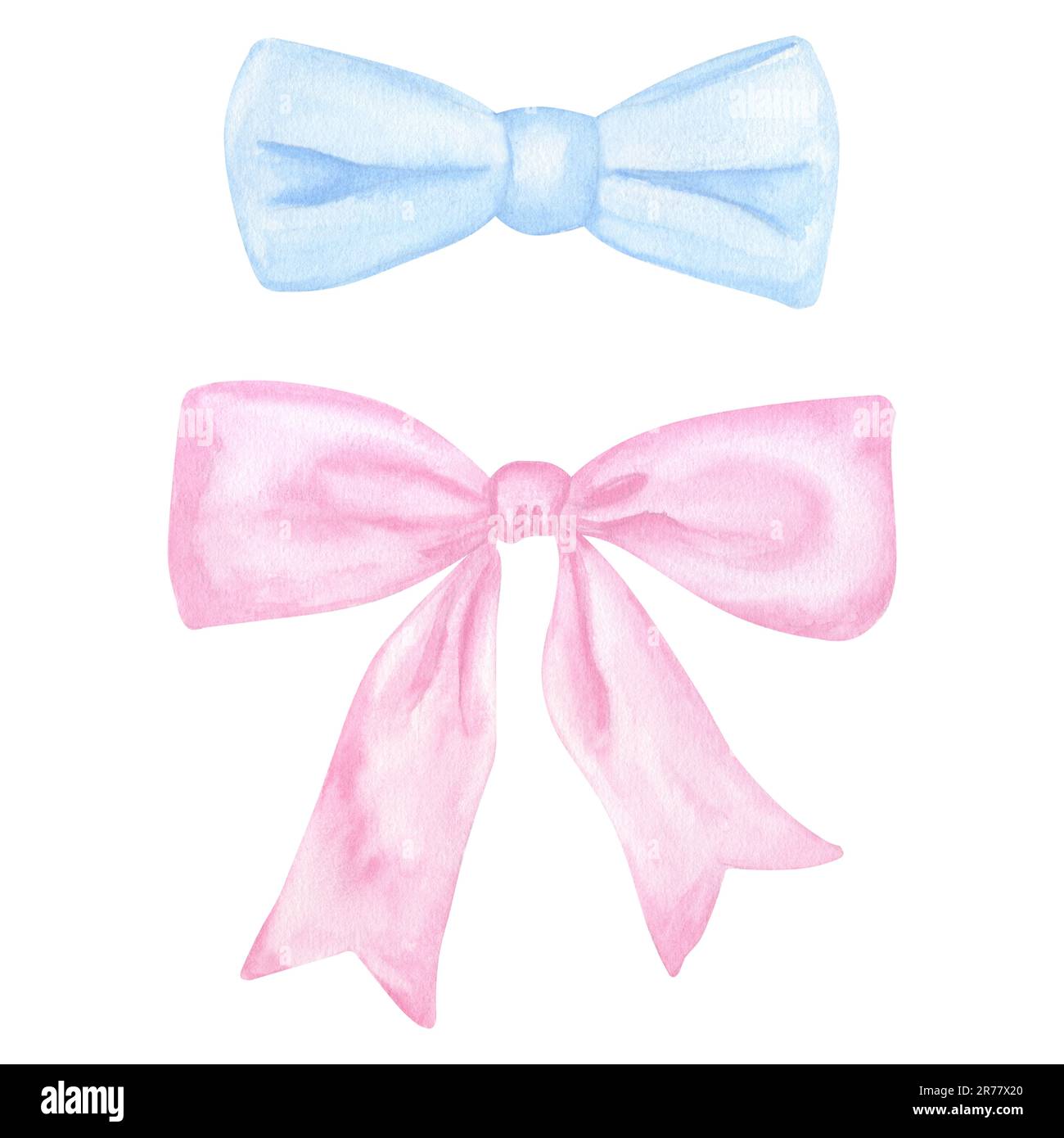 Decorative blue bowtie, pink bow with long ribbon. Hand drawn ...