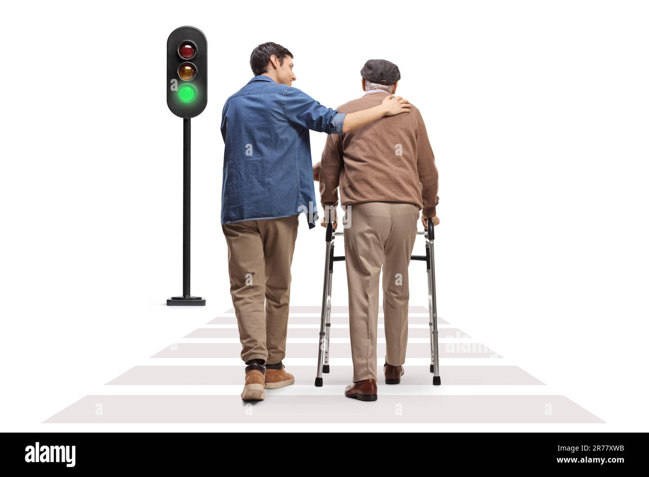 Rear view shot of a young man helping an elderly man with a walker at a ...