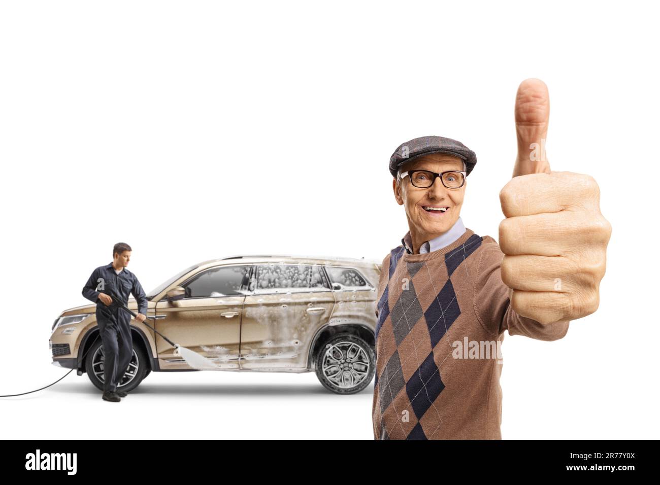 Elderly man gesturing thumbs up and a worker washing a vehicle with a ...
