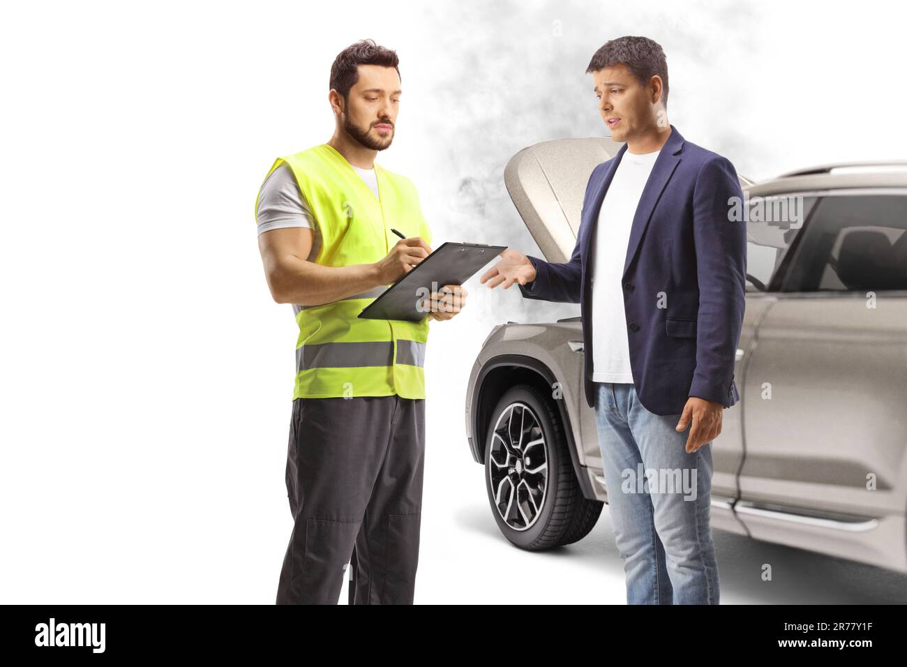 Man explaining a car problem to a road help worker isolated on white ...