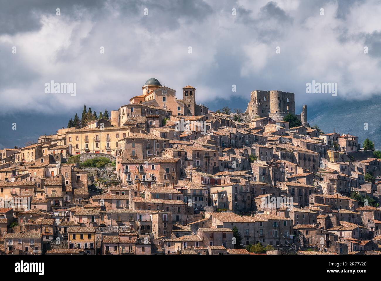 Landscape of Morano Calabro town at dusk, a traditional beautiful ...