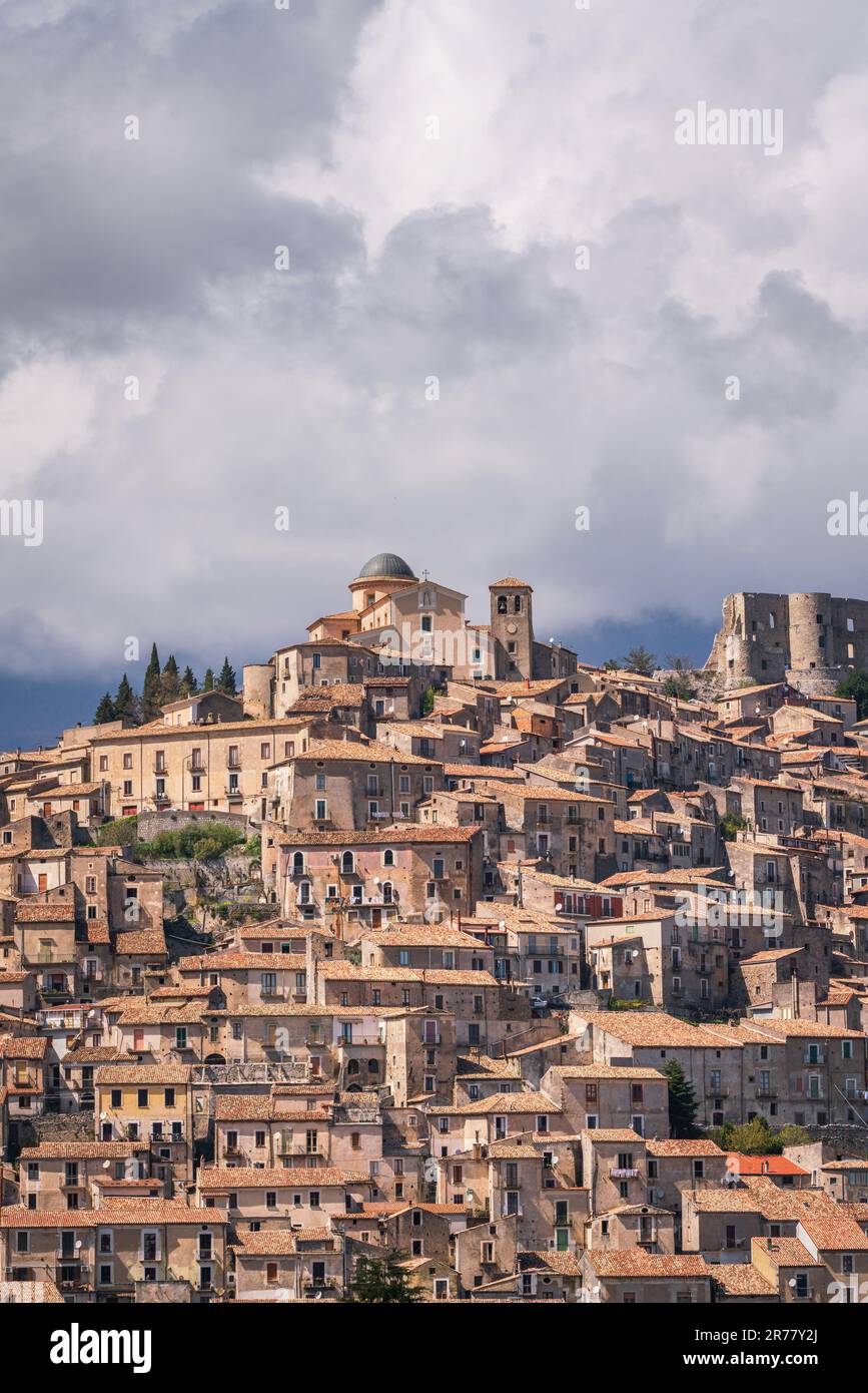 Landscape of Morano Calabro town at dusk, a traditional beautiful ...