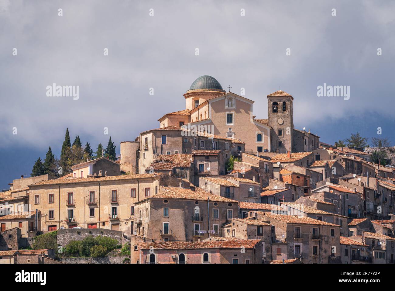 Landscape of Morano Calabro town at dusk, a traditional beautiful ...