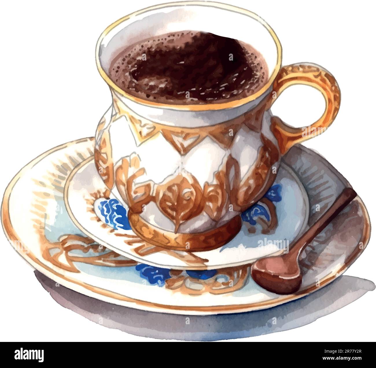 Retro sketch illustration with turkish cup tea watercolor white ...