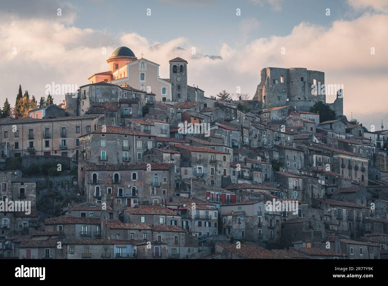 Landscape of Morano Calabro town at dusk, a traditional beautiful ...