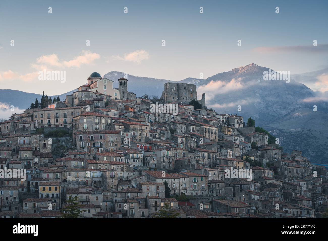 Landscape of Morano Calabro town at dusk, a traditional beautiful ...