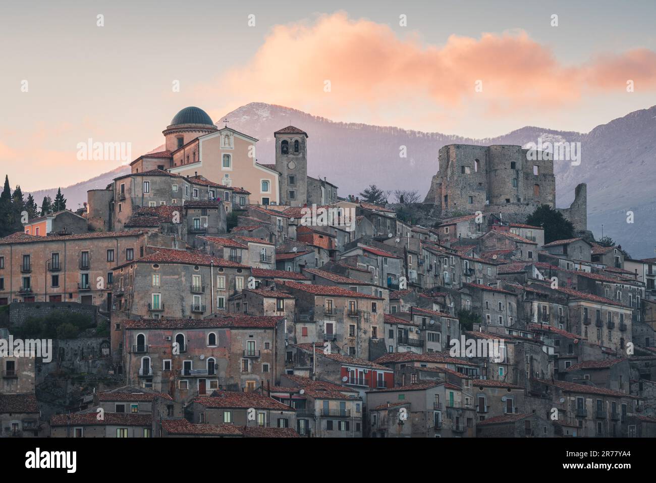 Landscape of Morano Calabro town at dusk, a traditional beautiful ...