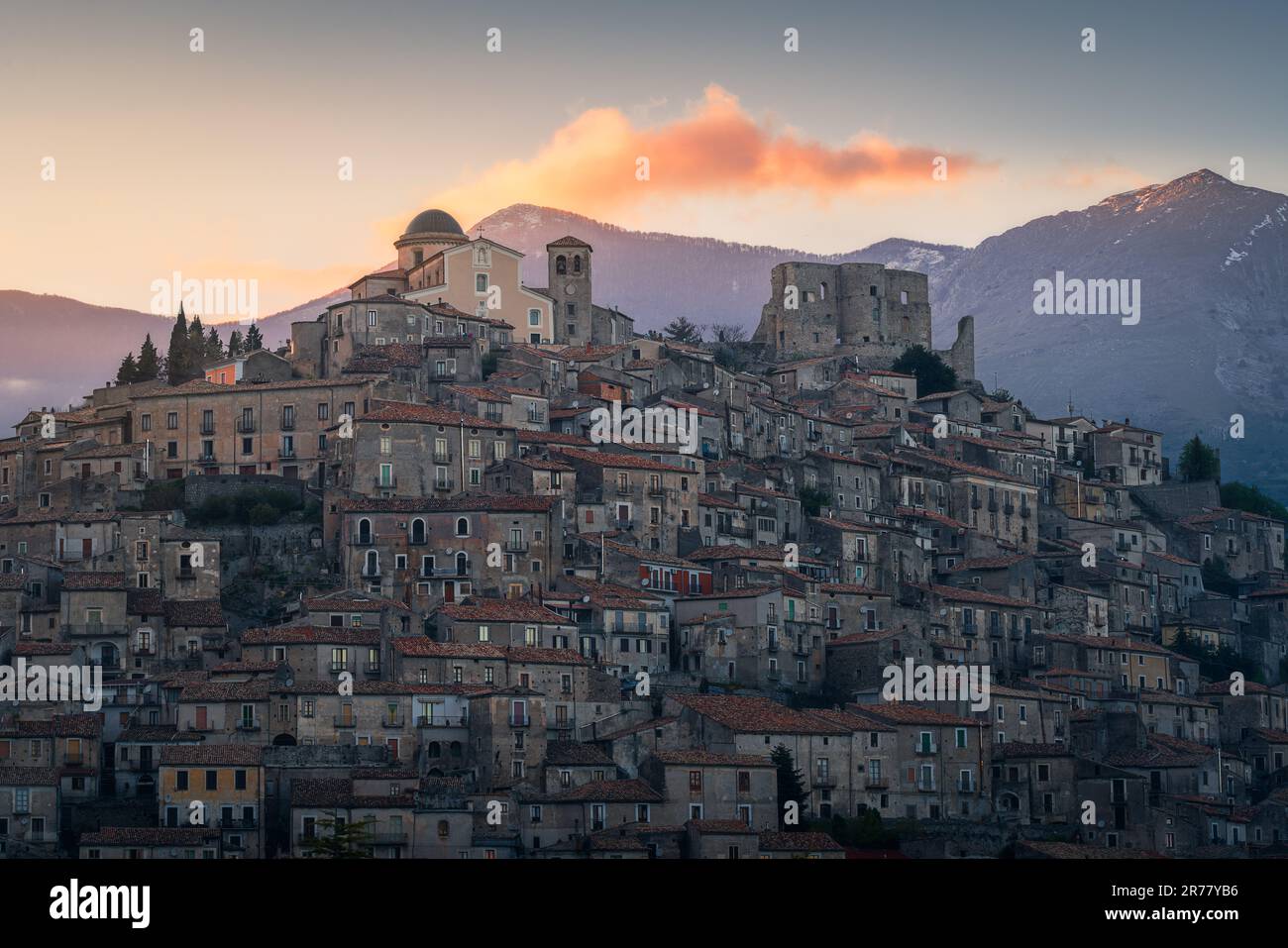 Landscape of Morano Calabro town at dusk, a traditional beautiful ...