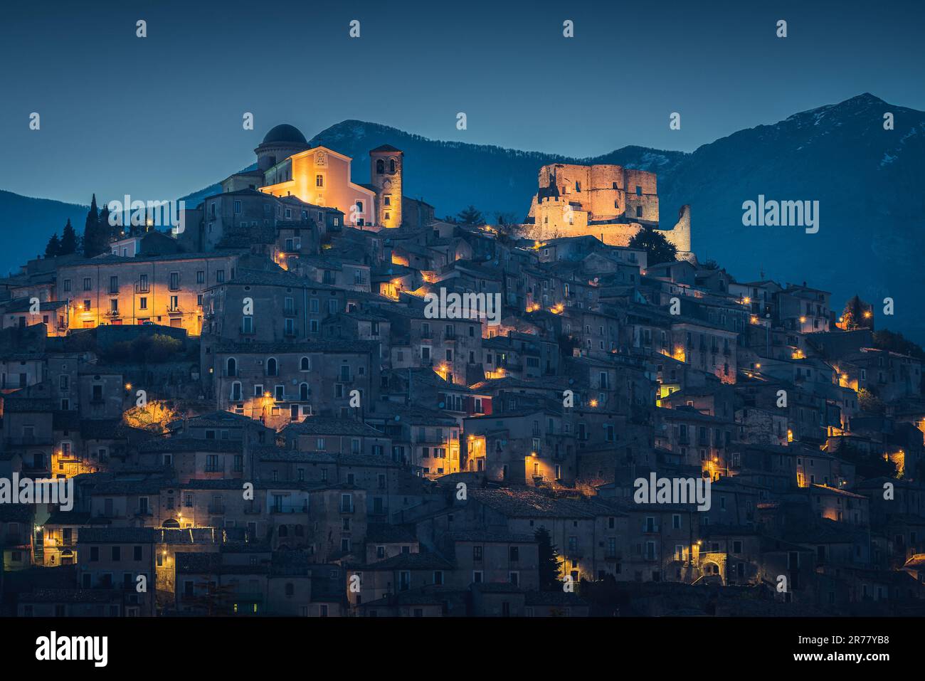 Landscape of Morano Calabro town at dusk, a traditional beautiful ...