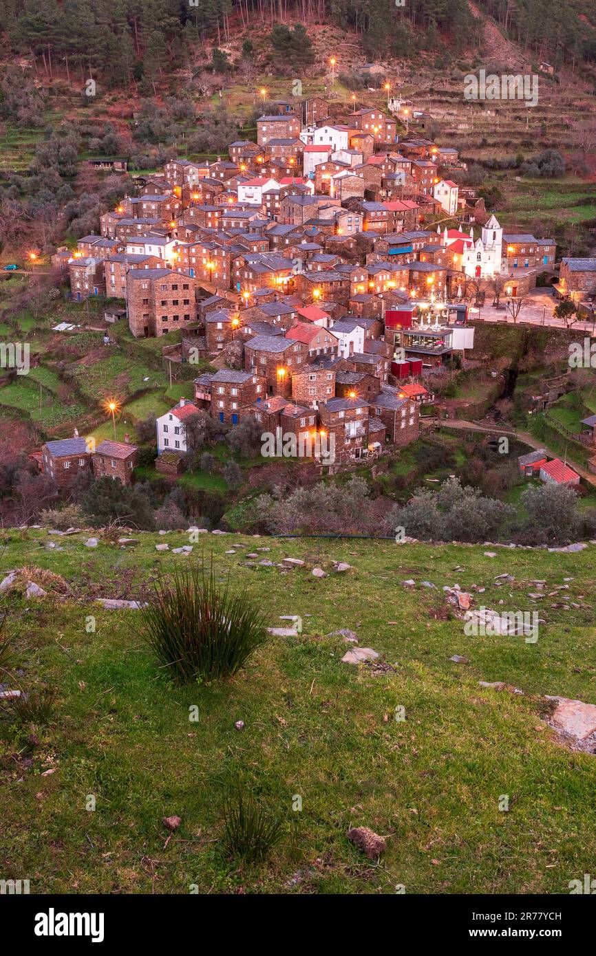 View of the historical village of Piódão in Portugal with the lighting ...