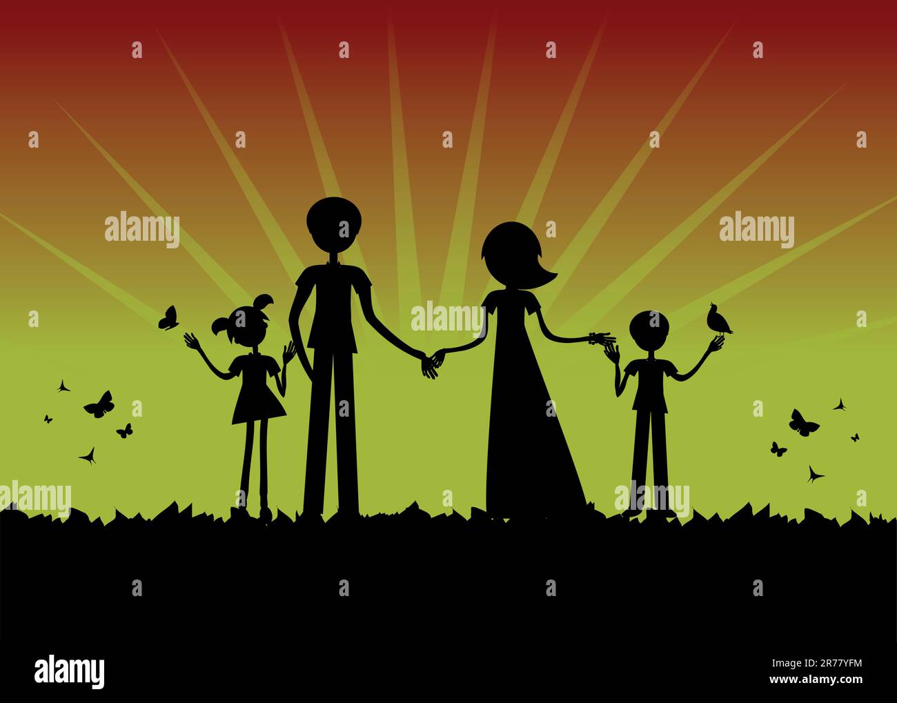 Young family Silhouette, sunset vector cartoon background Stock Vector ...