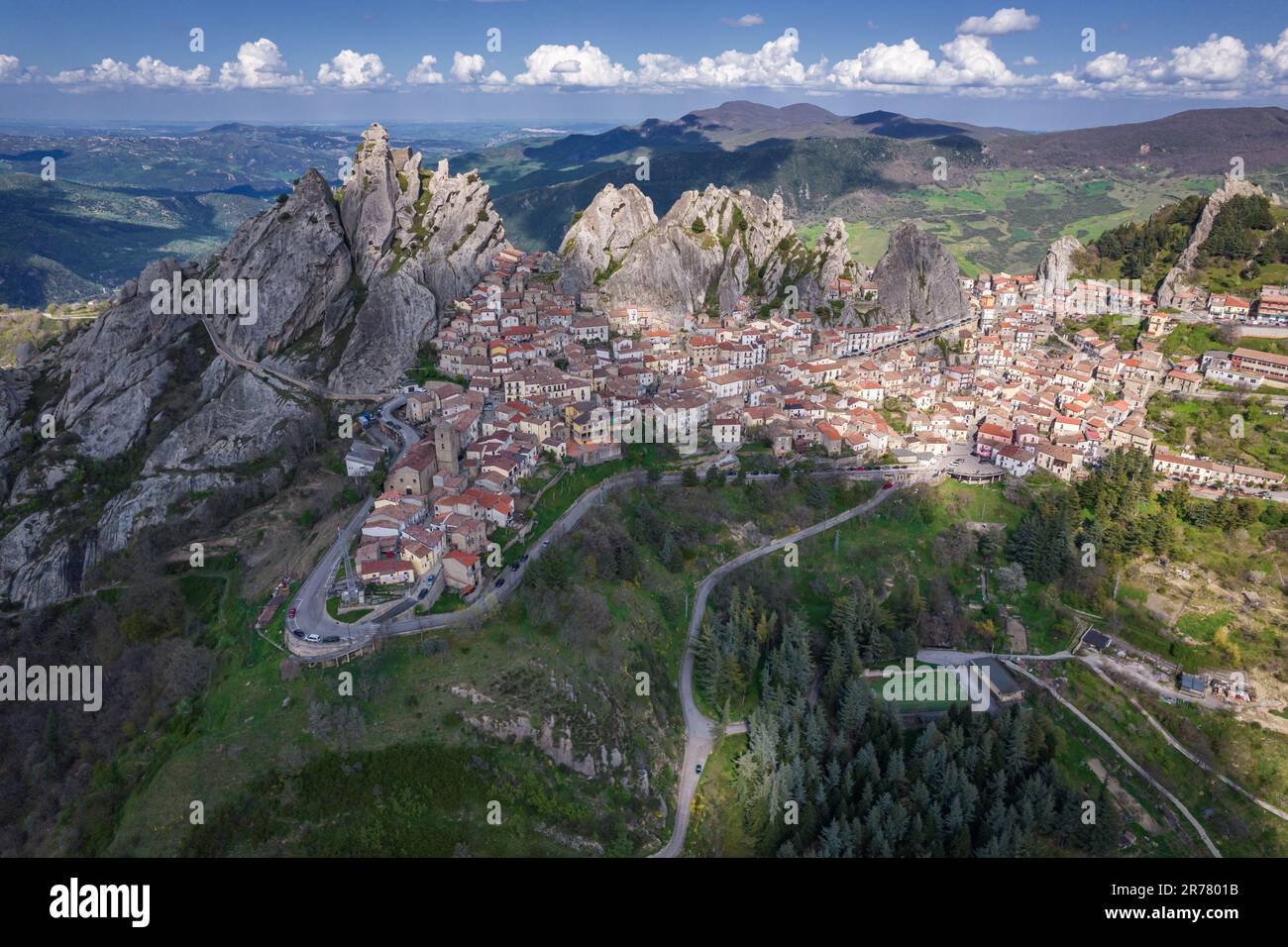 Aerial view of Pietrapertosa village at dusk in Apennines Dolomiti ...
