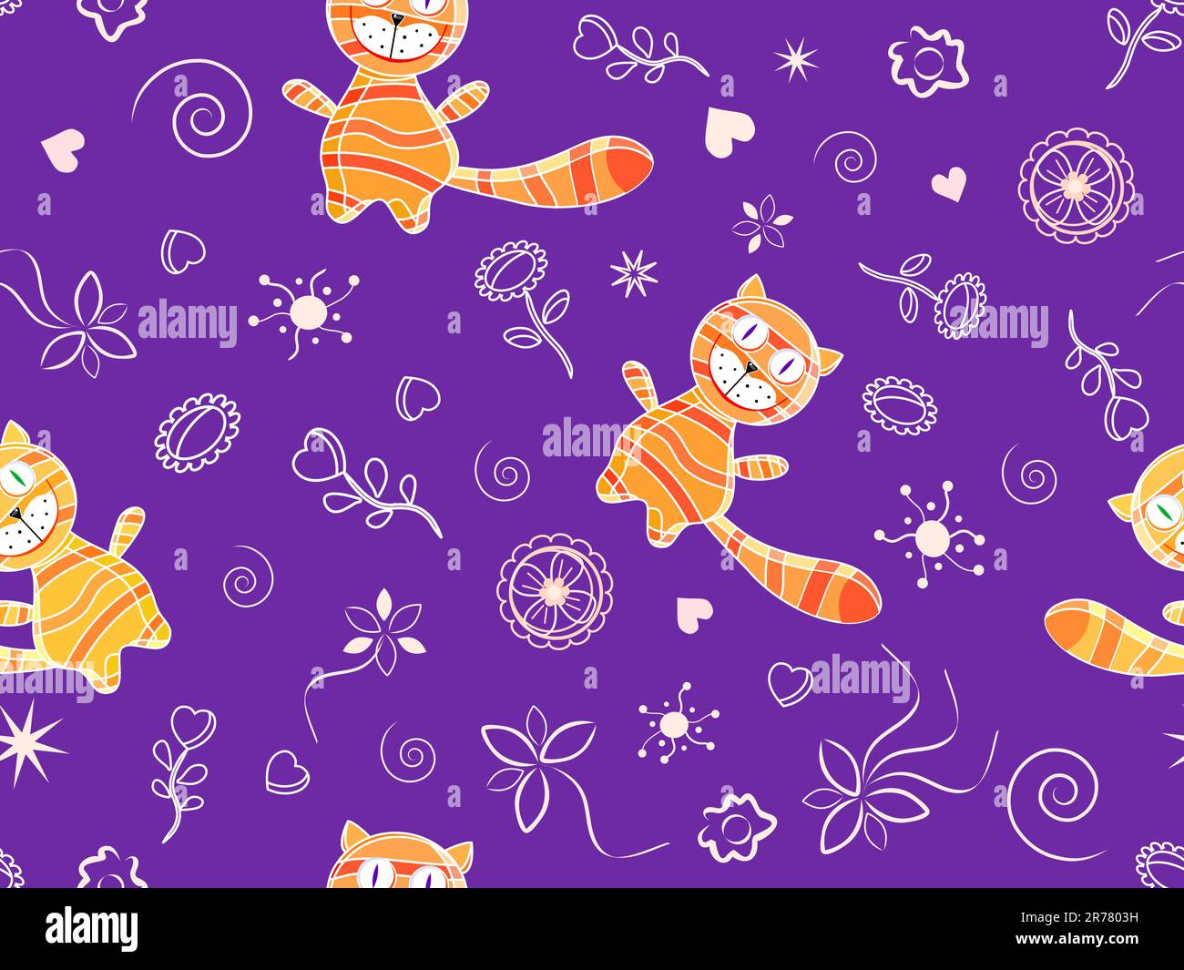 seamless doodle pattern with red cats on dark violet background Stock ...