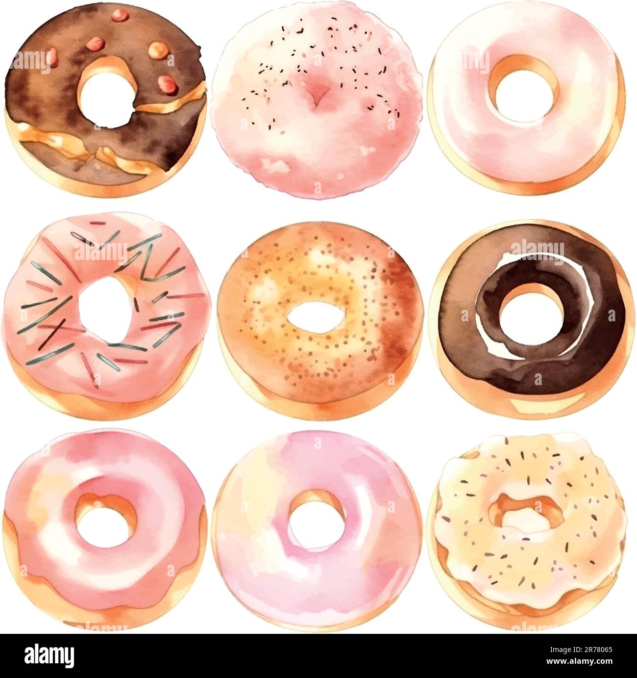 Collection of watercolor colorful donuts glazed Stock Vector Image ...