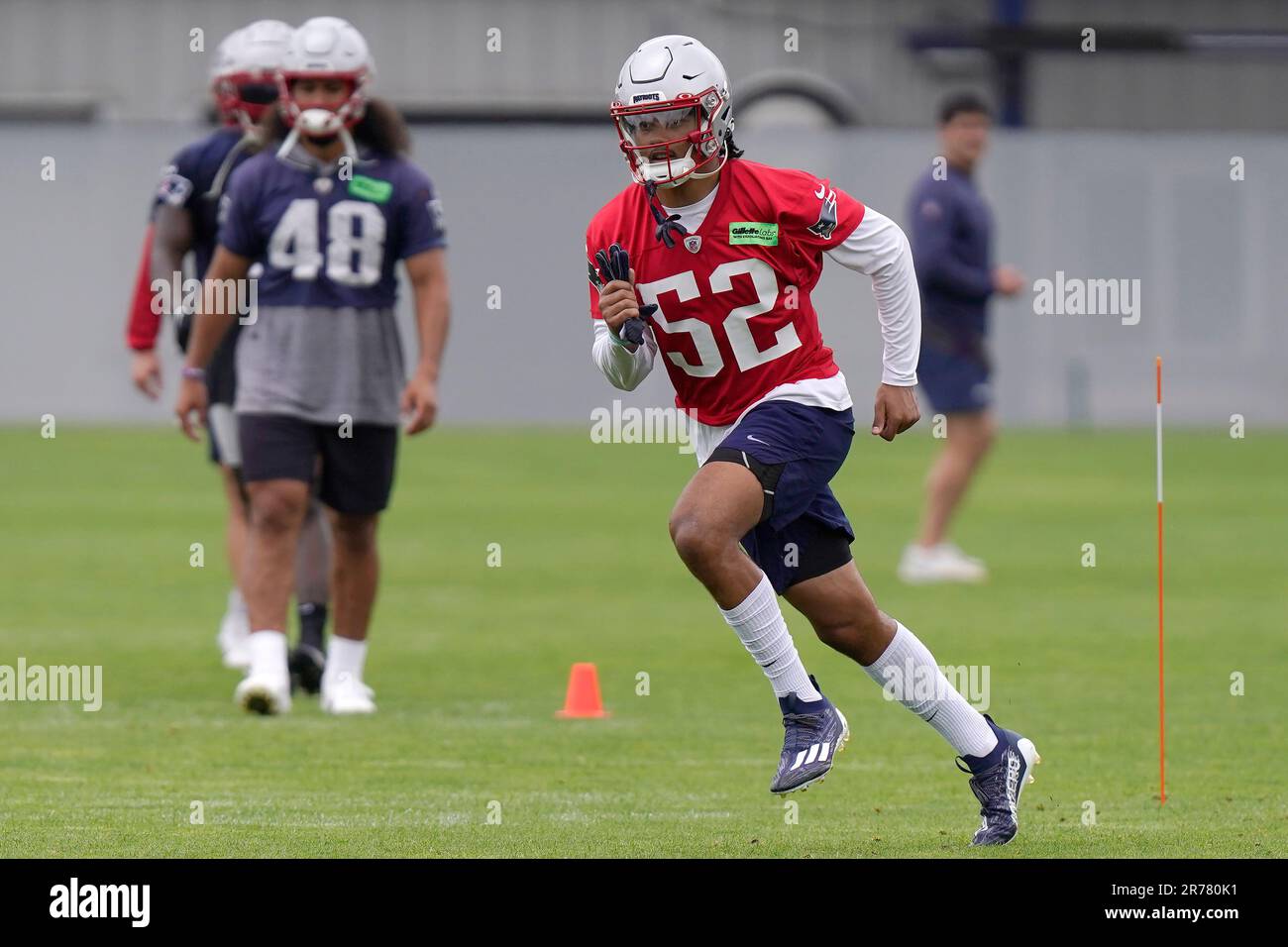 New England Patriots linebacker Marte Mapu (52) takes part in drills in ...