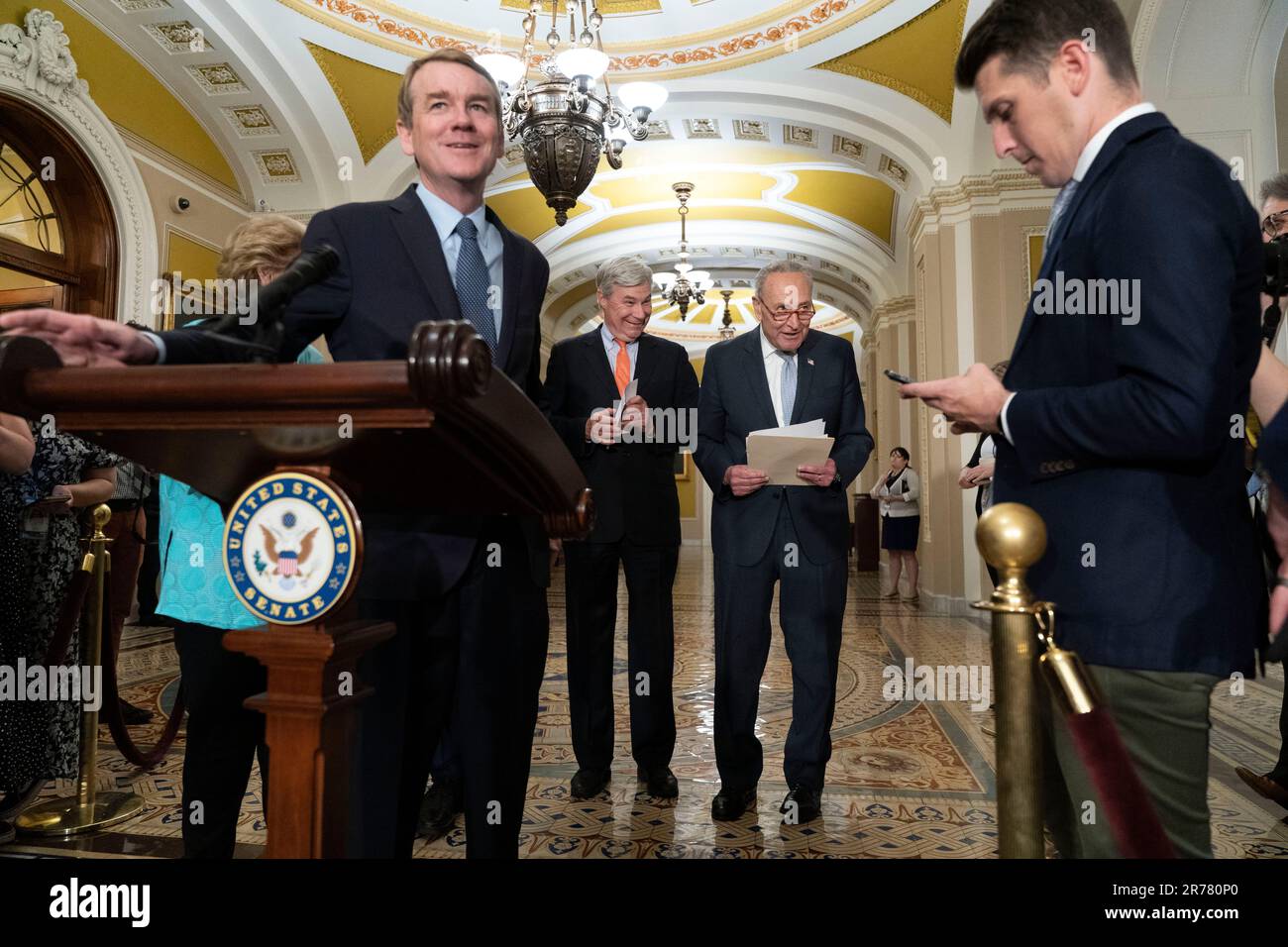 Senate Majority Leader Chuck Schumer of N.Y., center right, jokes with ...