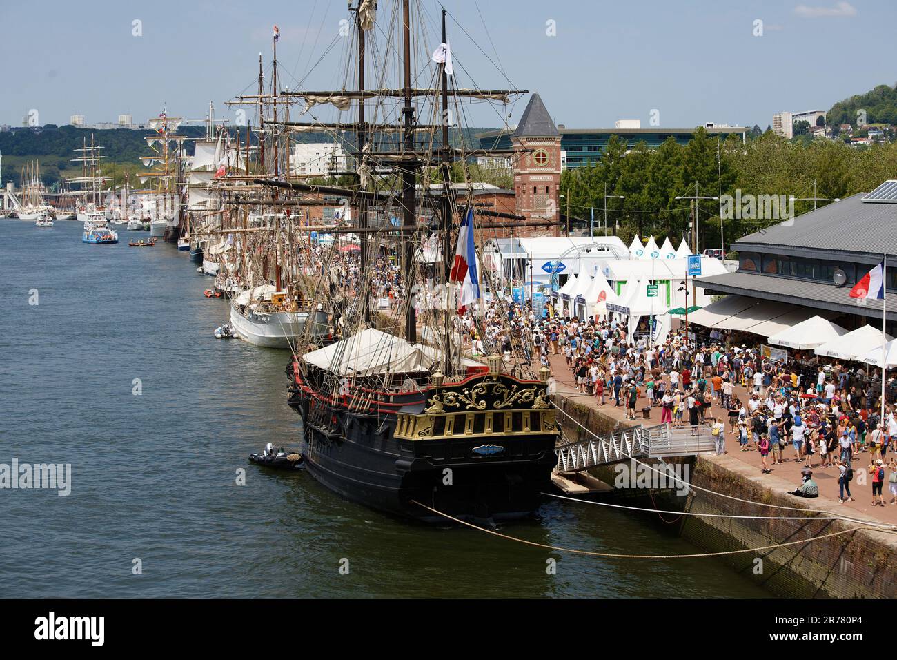 Armada gathering of tall ships on the Seine river, crowds of visitors ...