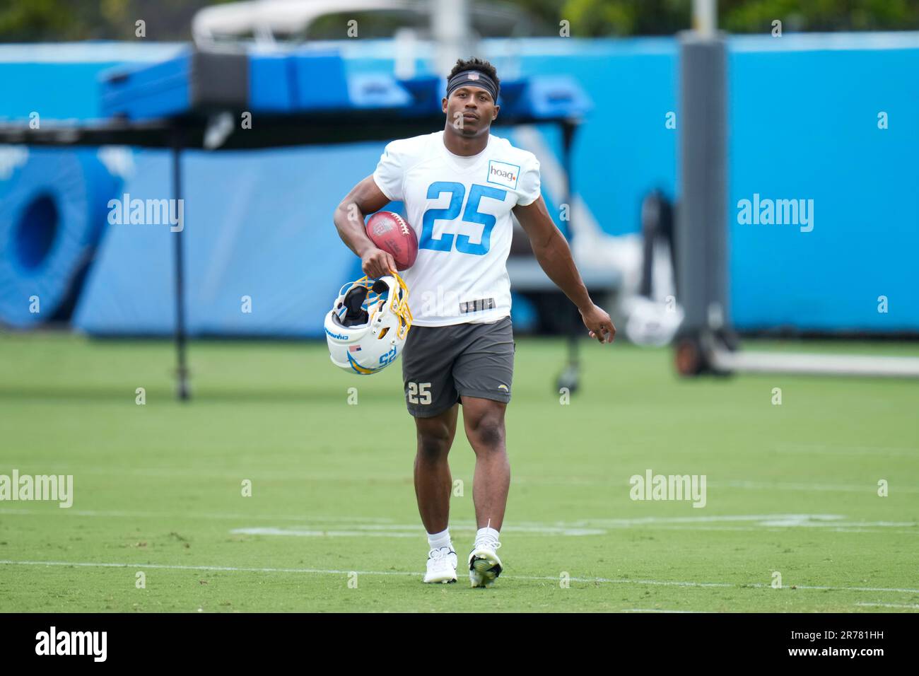 Los Angeles Chargers running back Joshua Kelley (25) leaves the field ...