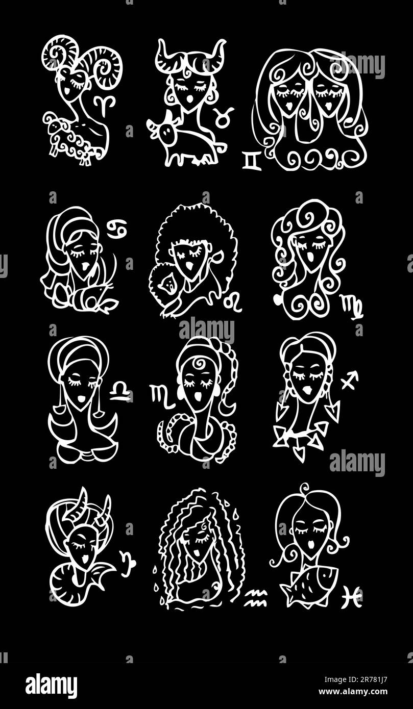 Horoscope woman black background Symbols, Astrology vector set 2 Stock ...