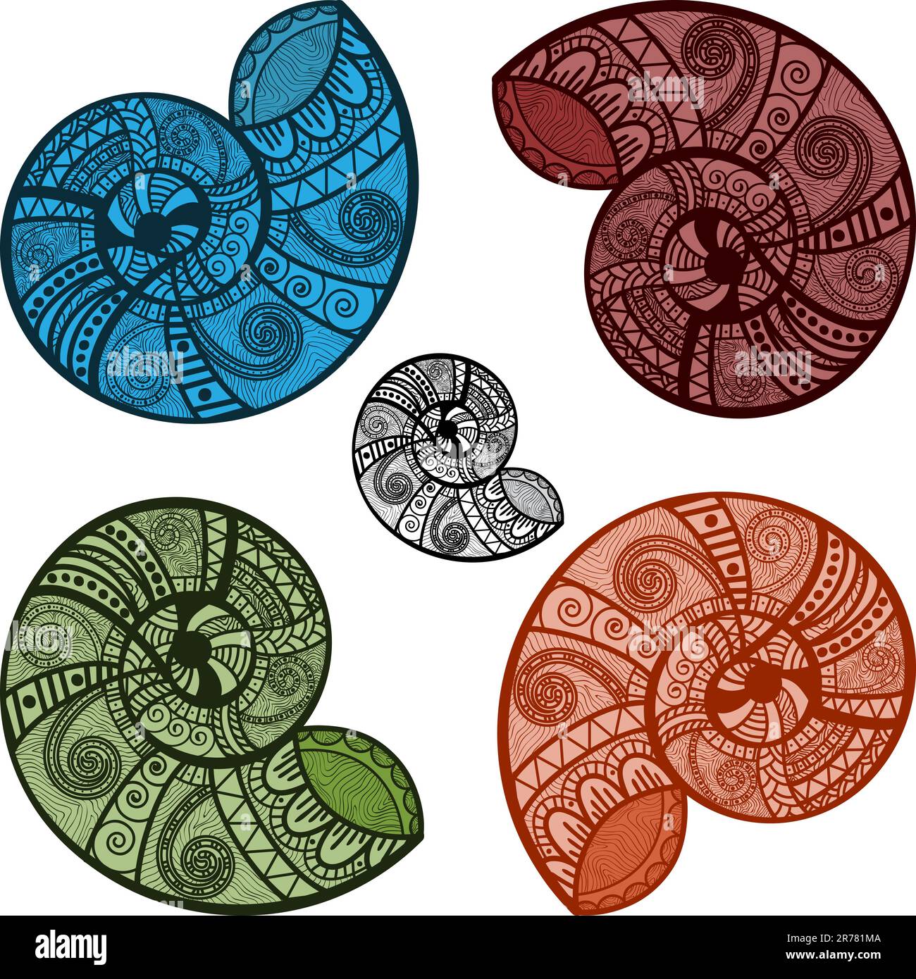 five bright vector snail shells with ethnic patterns Stock Vector Image ...