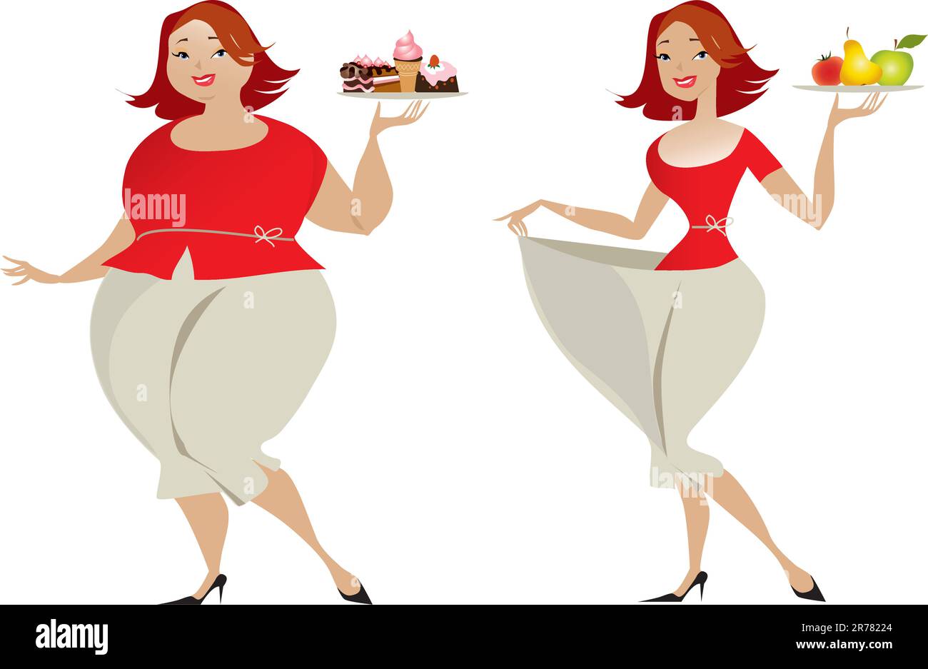 Vector illustration of changes in sizes choosing different diet Stock ...
