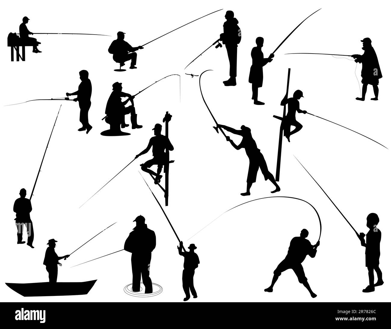 Set of Fisherman vector silhouettes black on white Stock Vector Image ...