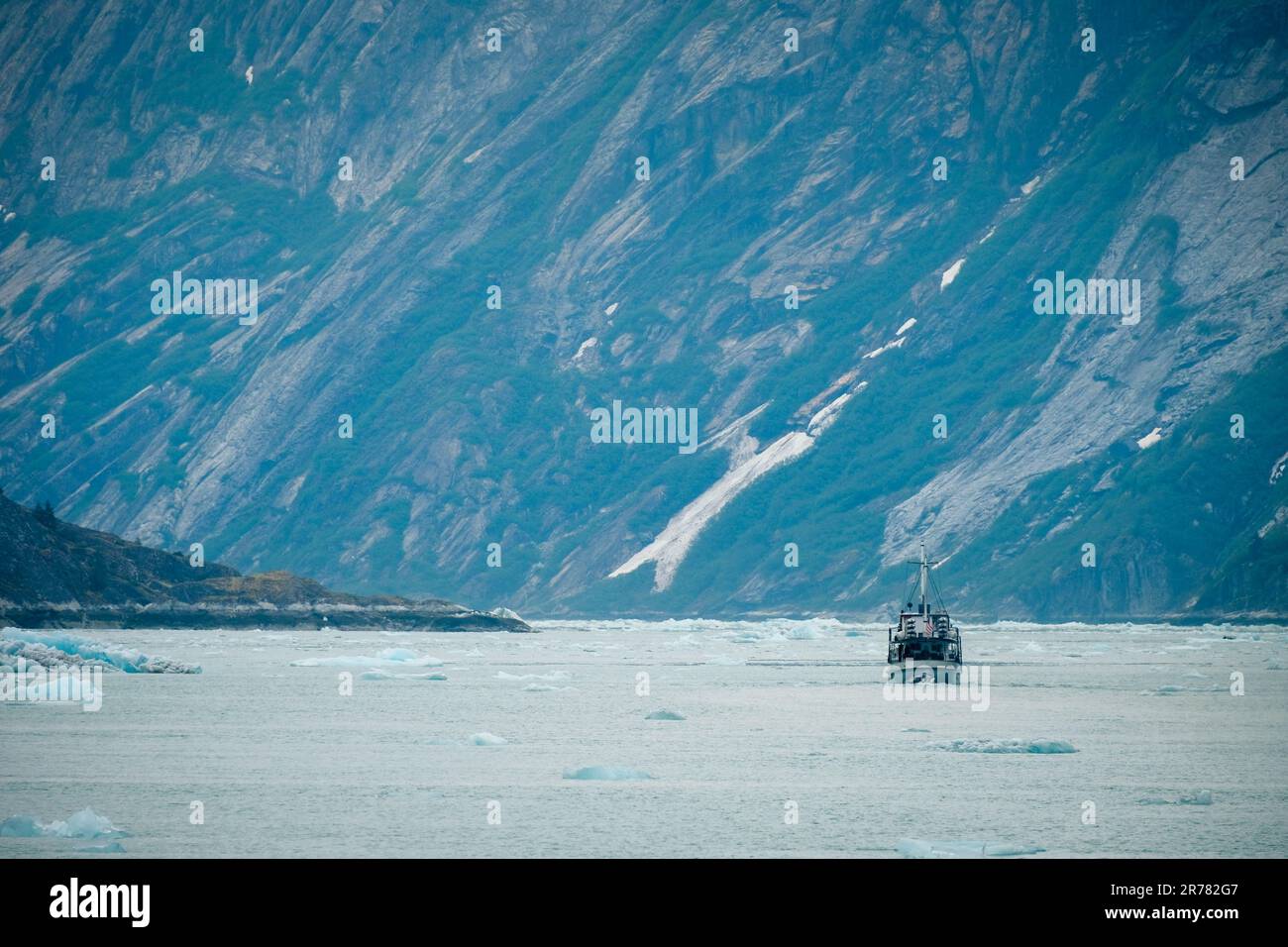 Ship on the Endicott Arm with floating ice near Dawes Glacier in Alaska ...