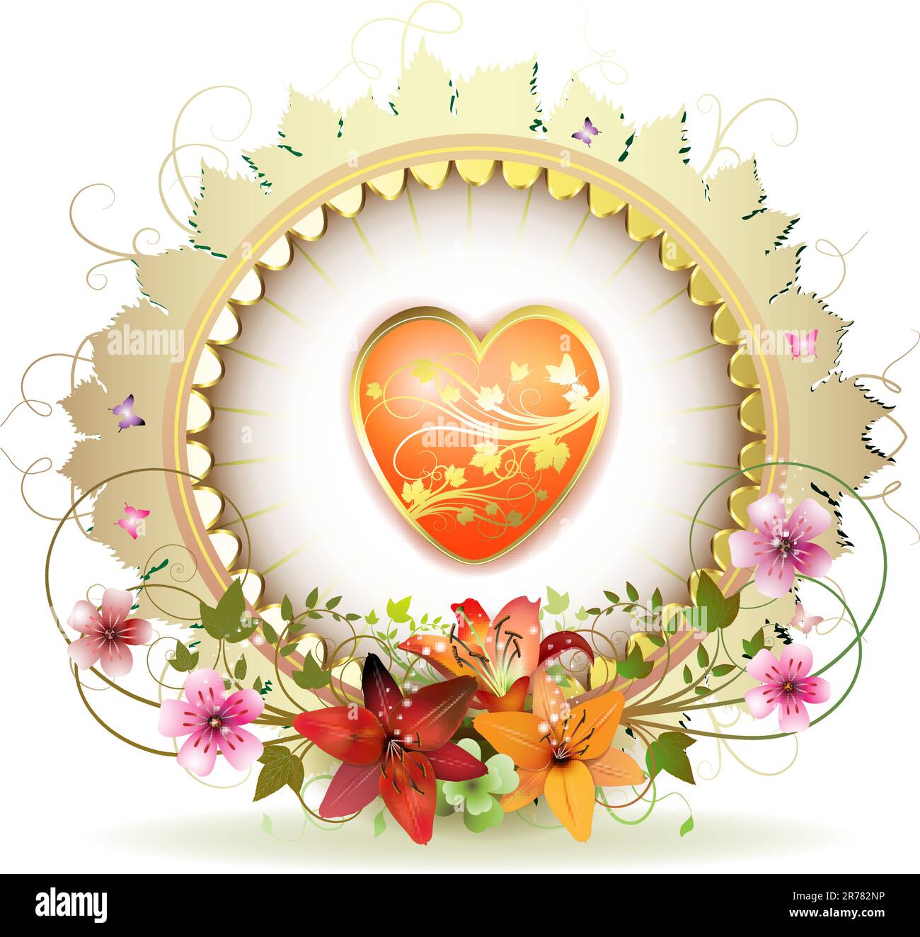 Circular floral frame with heart, lilies and gold decoration for ...