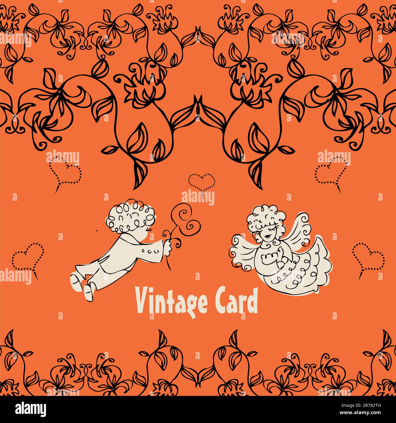 Vintage vector illustration with couple angels in love floral Stock ...