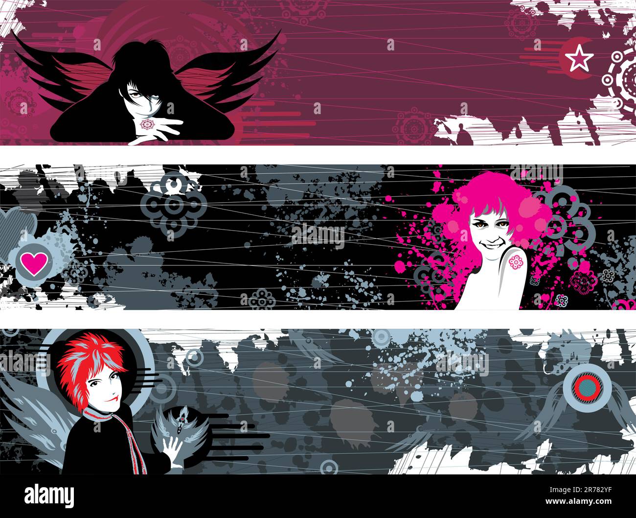 Three grunge banners with faces of girls and a place for the text Stock ...