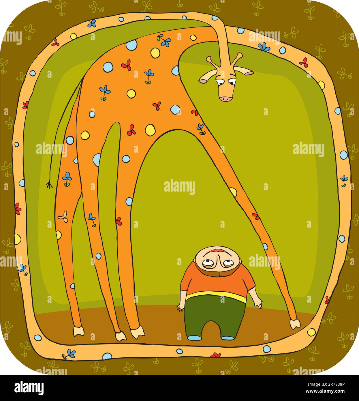 The little boy standing near a giraffe with very long neck Stock Vector ...