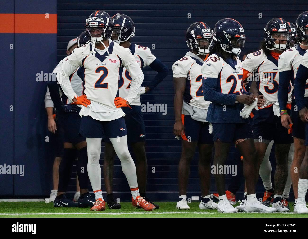 Denver Broncos cornerback Pat Surtain II (2) takes part in drills ...