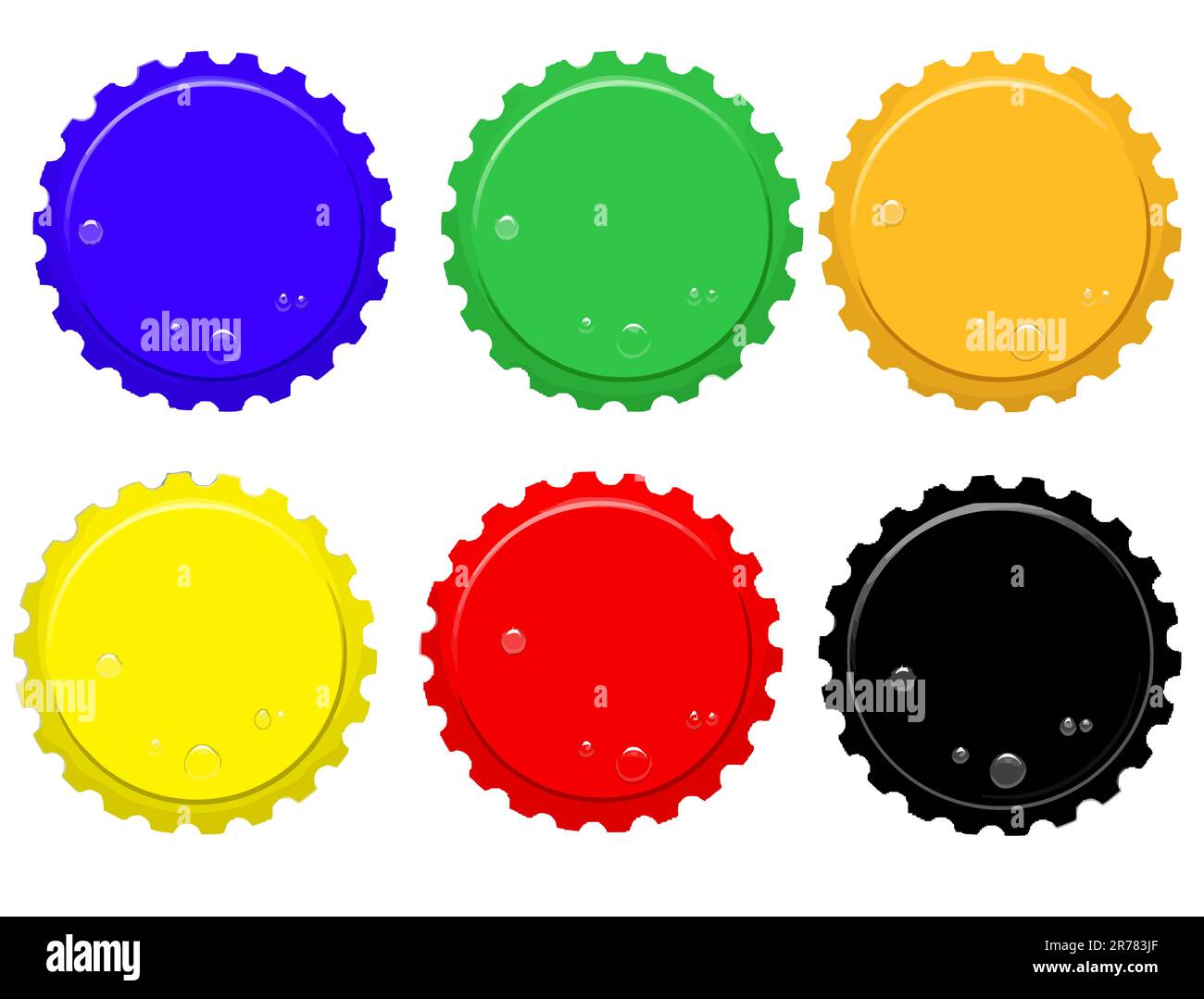 Vector illustration of bottle tops in various colours, with water drops ...
