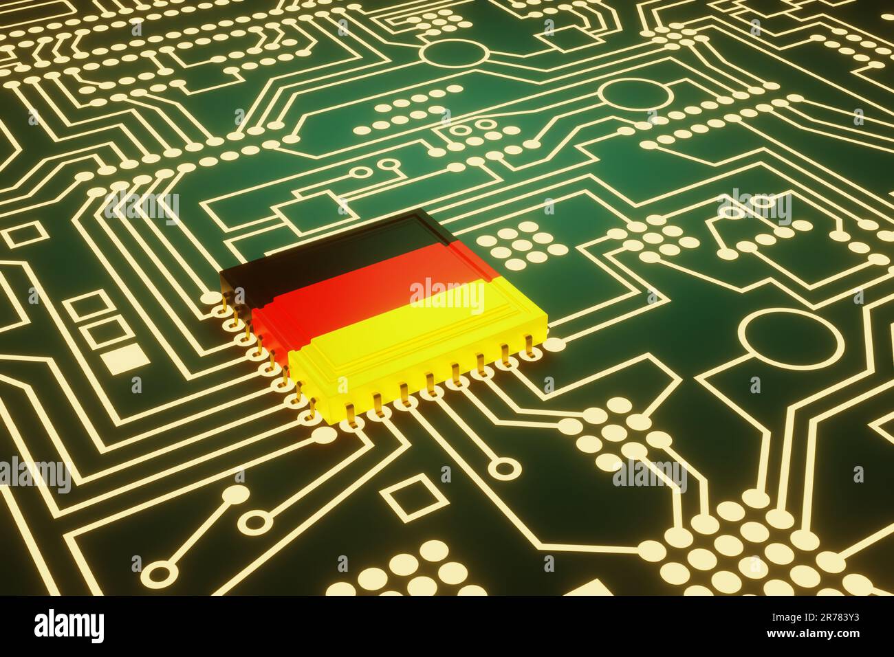 An advanced CPU printed with a national flag of Germany on a neon ...