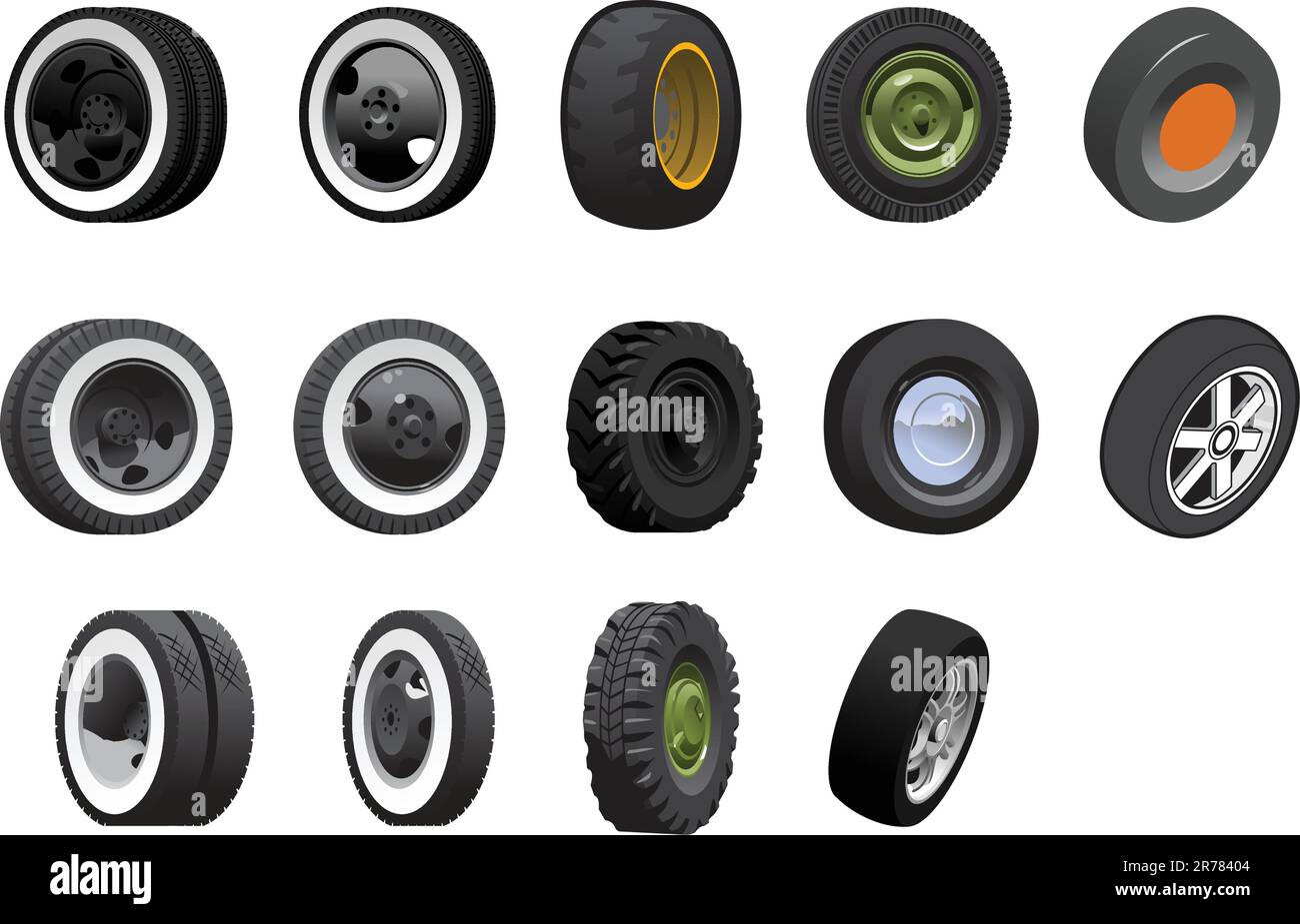 Various tires and wheels. Simple gradients only - no gradient mesh ...