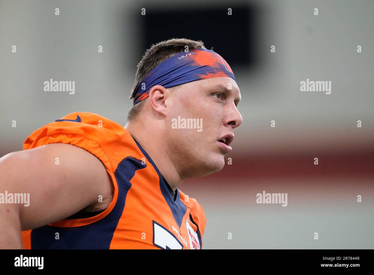 Denver Broncos offensive tackle Garett Bolles (72) takes part in drills ...