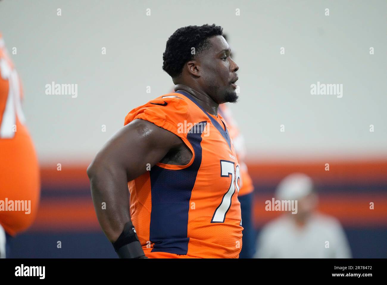 Denver Broncos center Lloyd Cushenberry III (79) takes part in drills ...