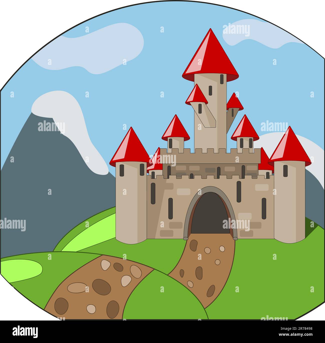 vector cartoon medieval castle on background with mountains Stock ...