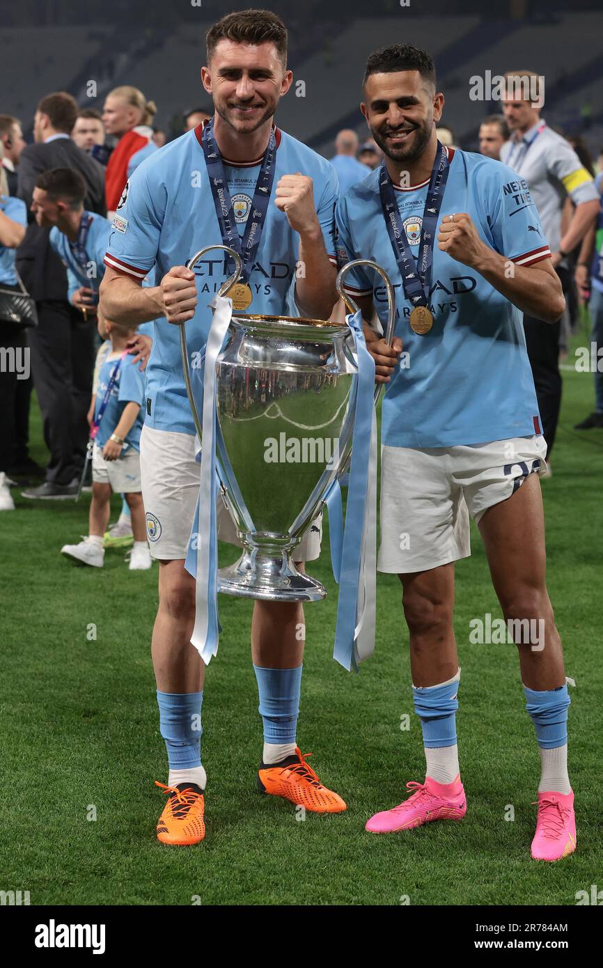 Istanbul, Turkey, 10th June 2023. Aymeric Laporte and Riyad Mahrez of ...