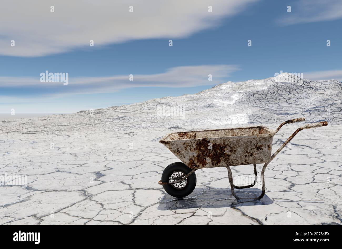 old rusty wheelbarrow at salt marsh, salt mining, extraction ...