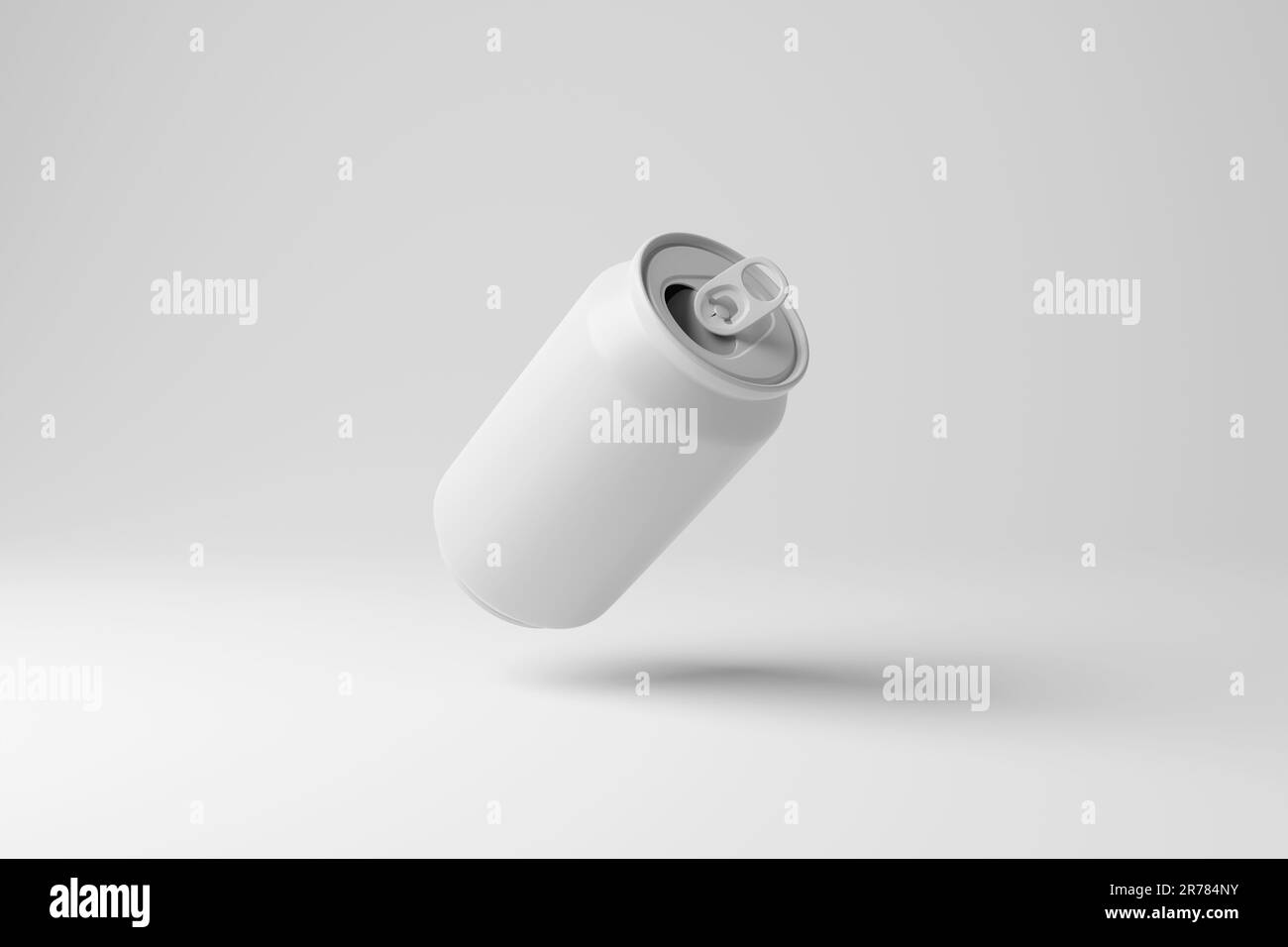 White soda can in mid air with shadow on white background creating ...