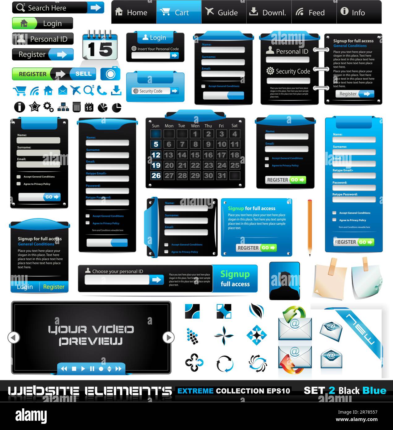 Web design elements extreme collection 2 BlackBlue - Many different form styles, frames, bars ...