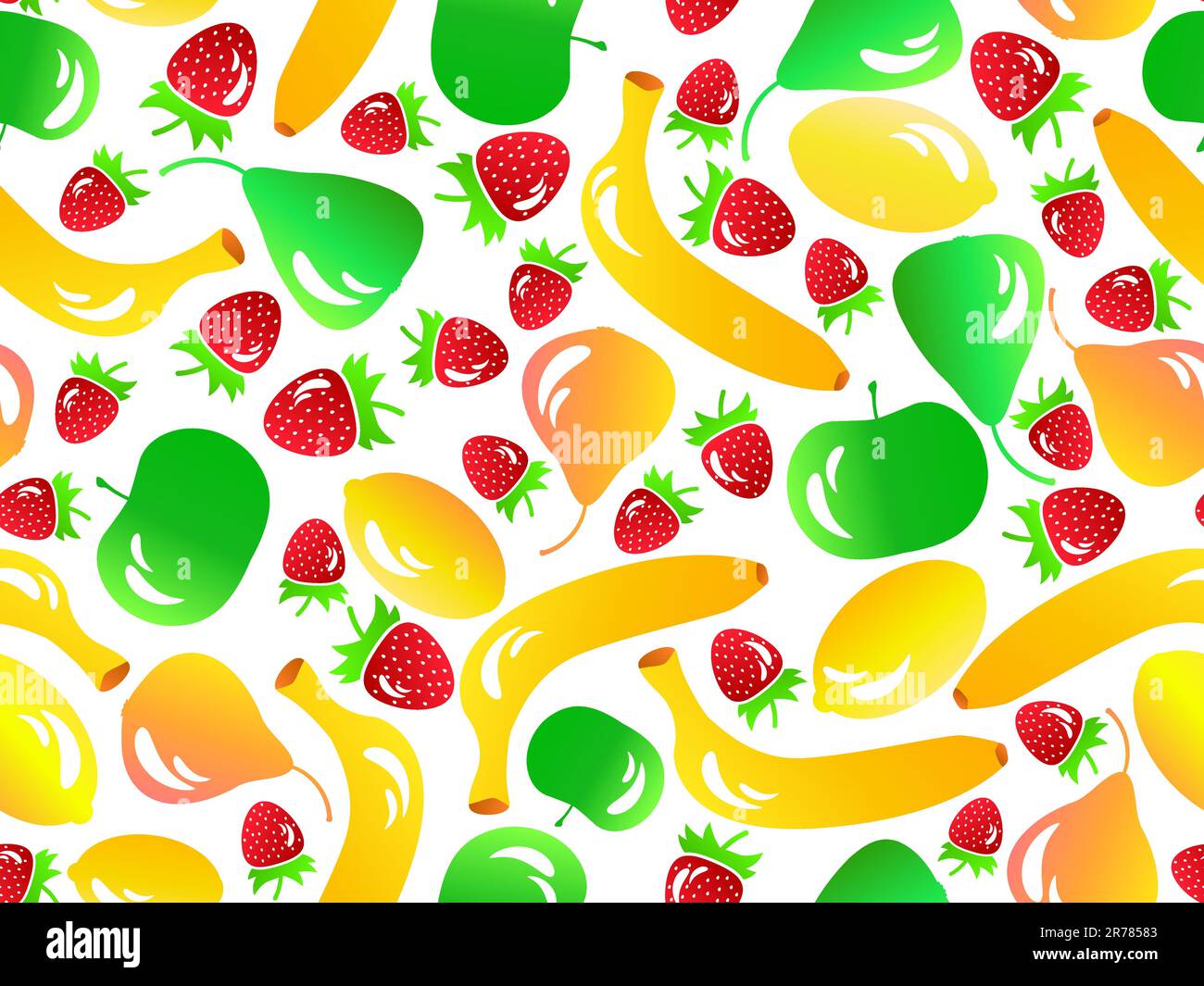 Fruity seamless pattern with strawberries, apples, bananas, pears, lemons in 3d style. Summer ...