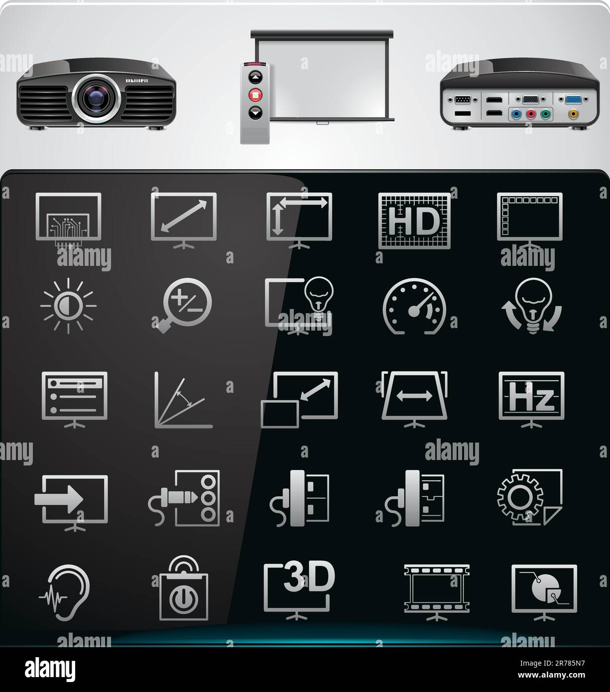 Set of the icons representing modern video projector features and ...