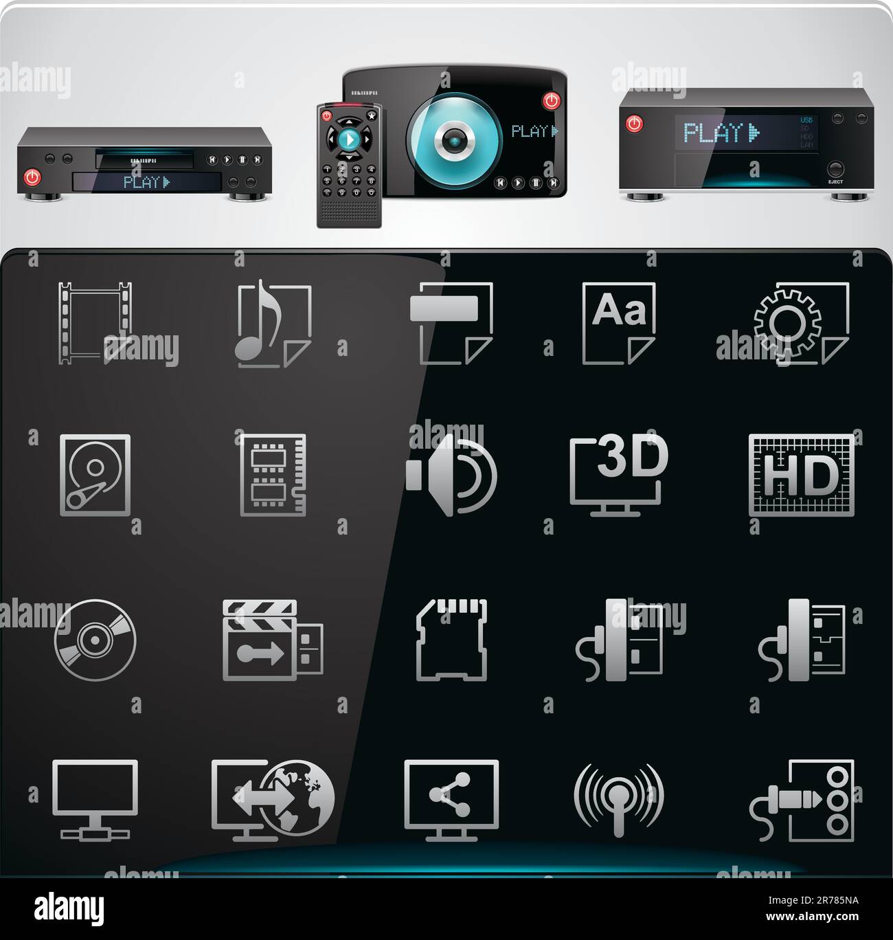 Set of the icons representing modern video players features and ...